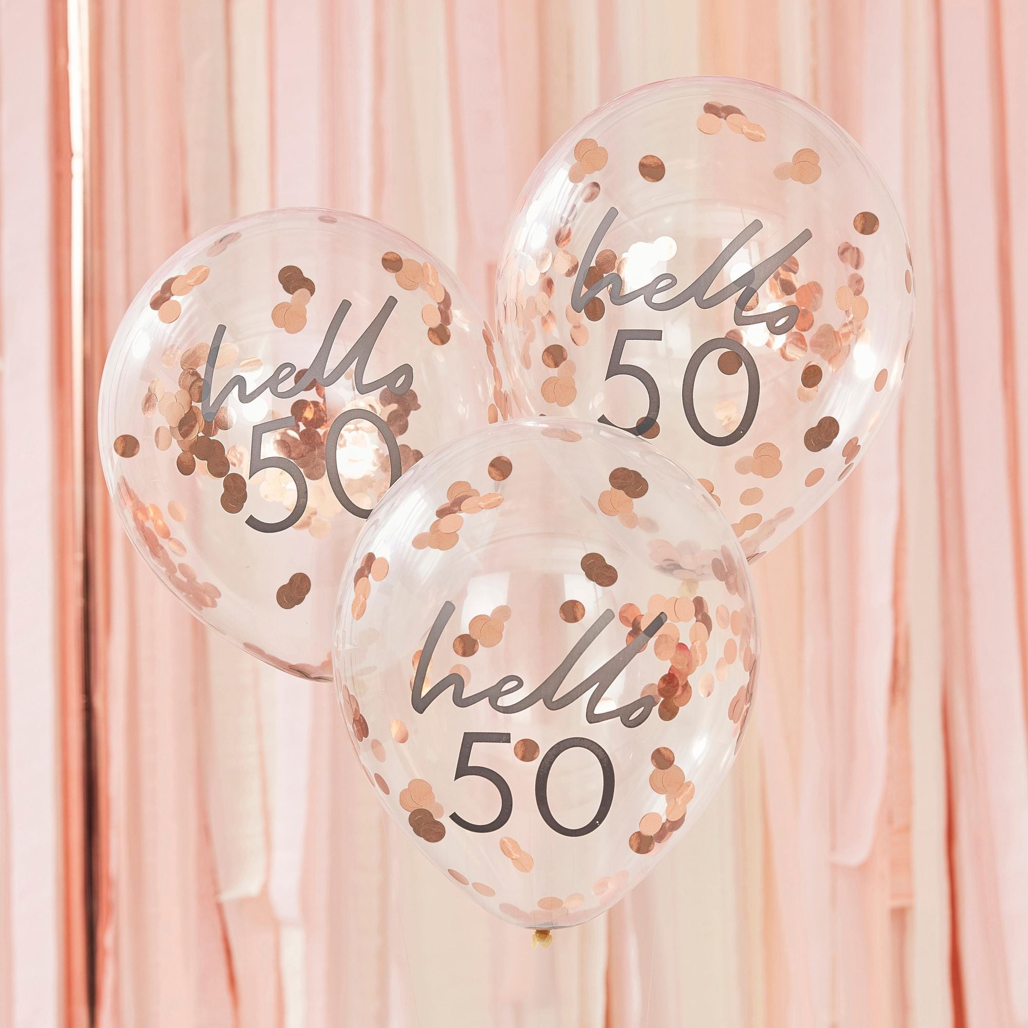 Rose Gold Hello 50 Confetti Balloons | Milestone 50th Birthday Decor