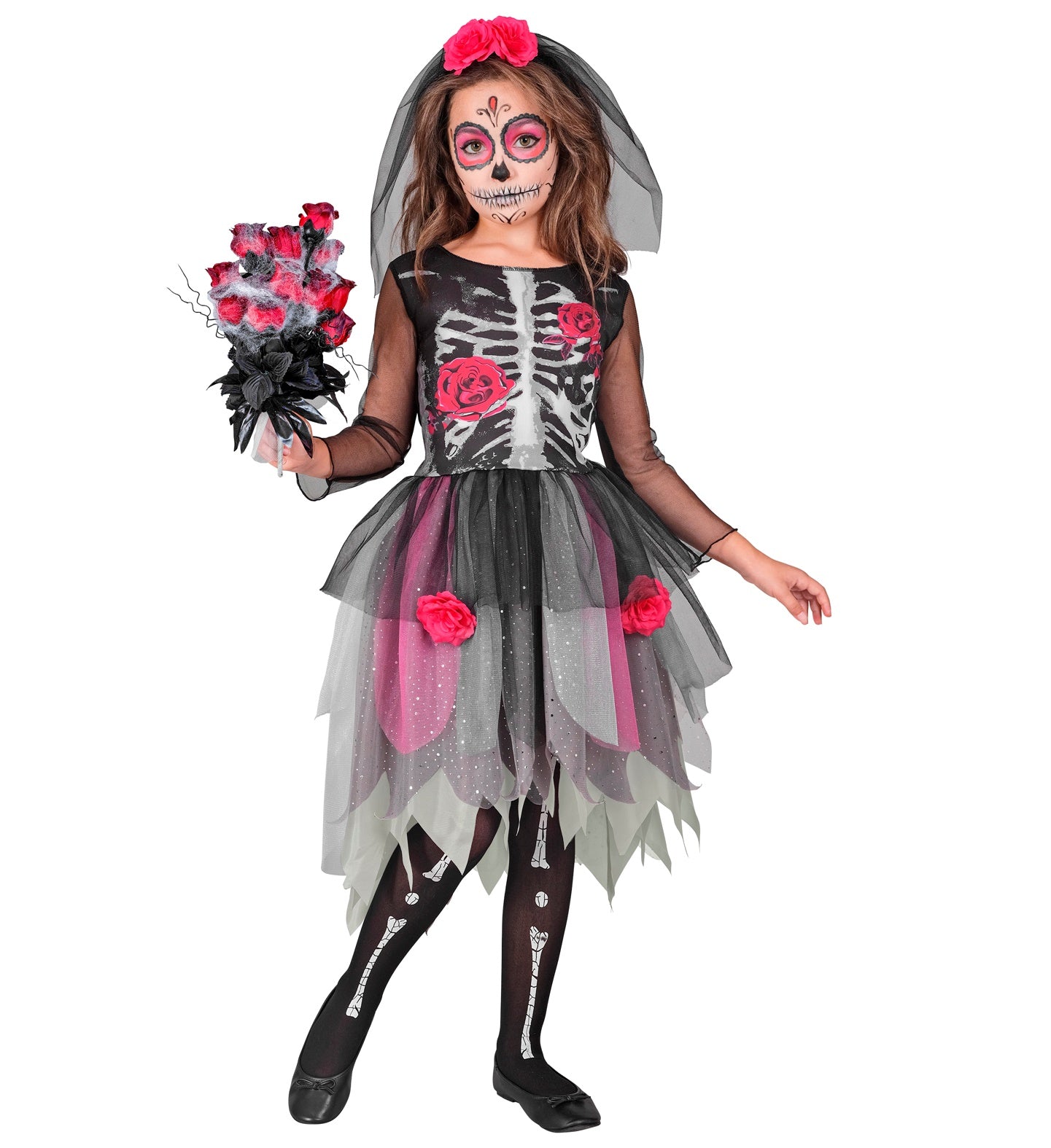Girls Skeleton Rose Costume - Gothic Day of the Dead Dress & Headpiece