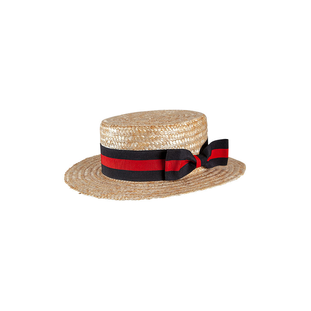 Classic Boater Straw Hat with Black & Red Band